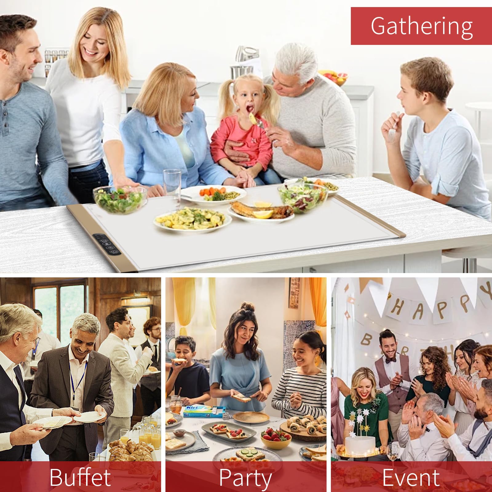 Silicone Food Warming Mat, Portable Electric Heating Tray with 3 Adjustable Temperature Settings Safety Lock Kitchen Warmer Mat Roll Up Family Party Indoor Outdoor Camping Thanksgiving
