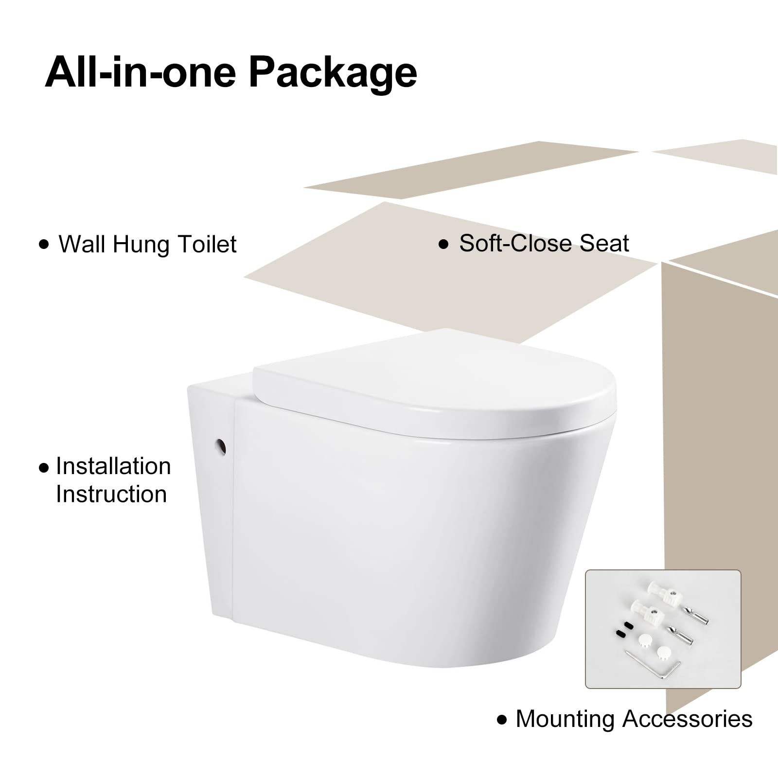 HOROW Wall Hung Toilet HR-TG02W, Compact Wall Mounted Toilet with Soft Closing Seat, 1.6 GPF/1.1 GPF Dual Flush Ceramic Round Wall Toilet for Bathroom, White Toilet Bowl