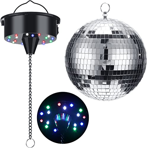 Sratte 3 RPM Electric Rotating 6 Inch Disco Ball Mirror Motor Rotating Motor with 4 Colors LED Light and Disco Ball Stage Mirror Balls for DJ Band Pub Party Wedding Banquet Night Club Holiday (Silver)