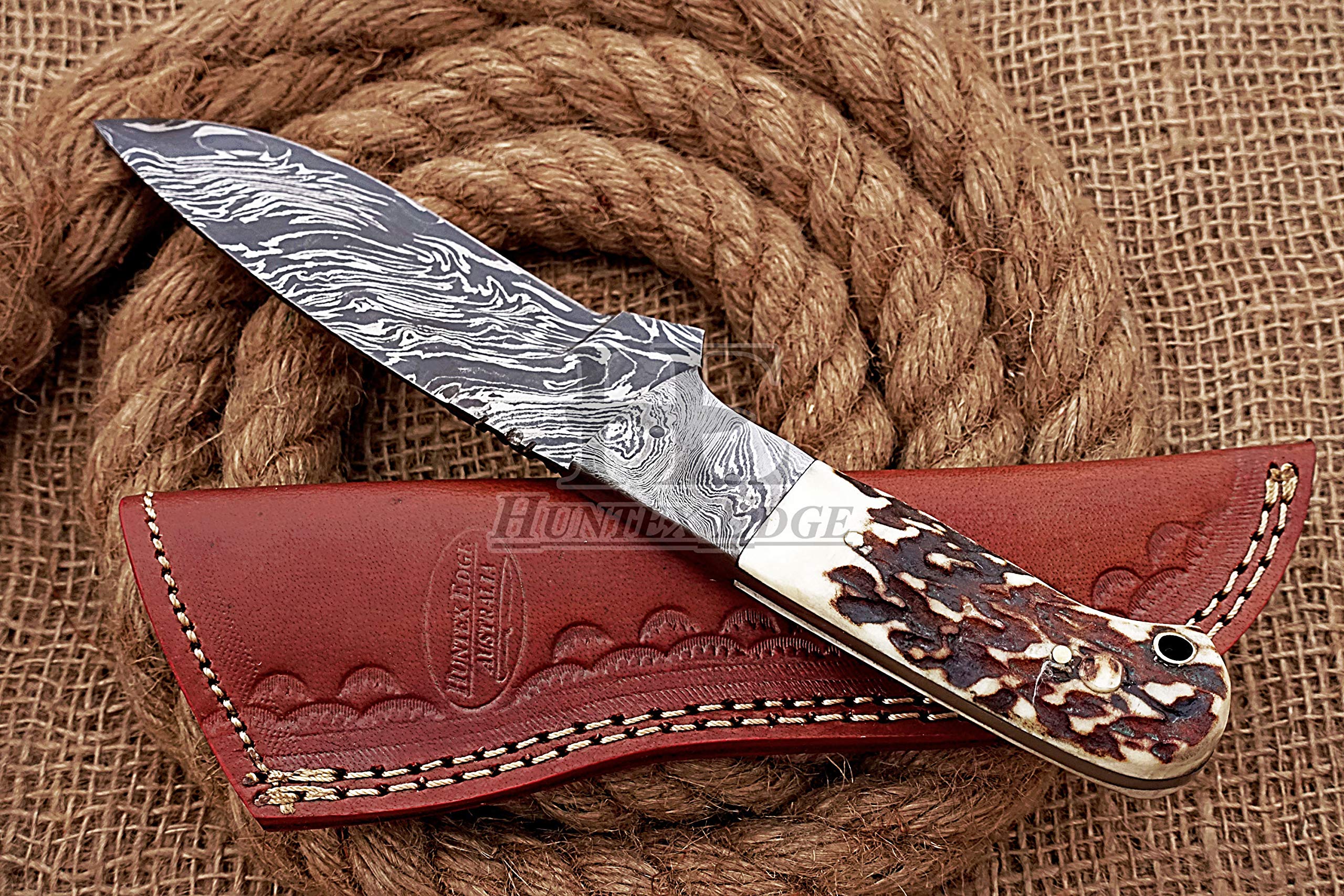 HUNTEX Unique Custom Handmade Hand-Forged Flame Pattern Damascus Steel 9 Inch Long Full Tang Deer Antler Handle Razor Sharp Hunting Camping Knife with Genuine Leather Sheath