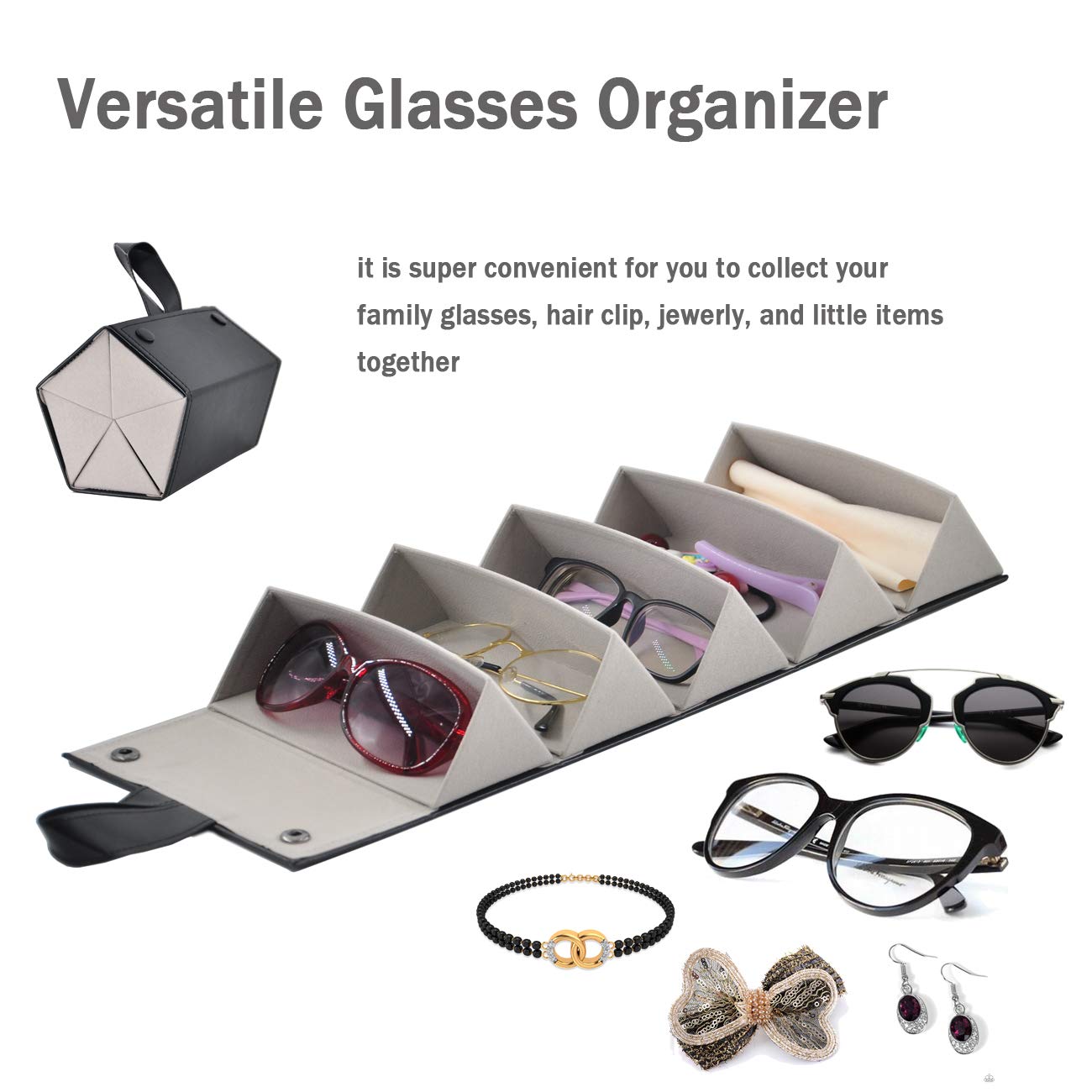 Kenpal Sunglasses Storage Organizer Holder Foldable Travel Case with 5 Slot Compartments for Multiple Glasses (Black)