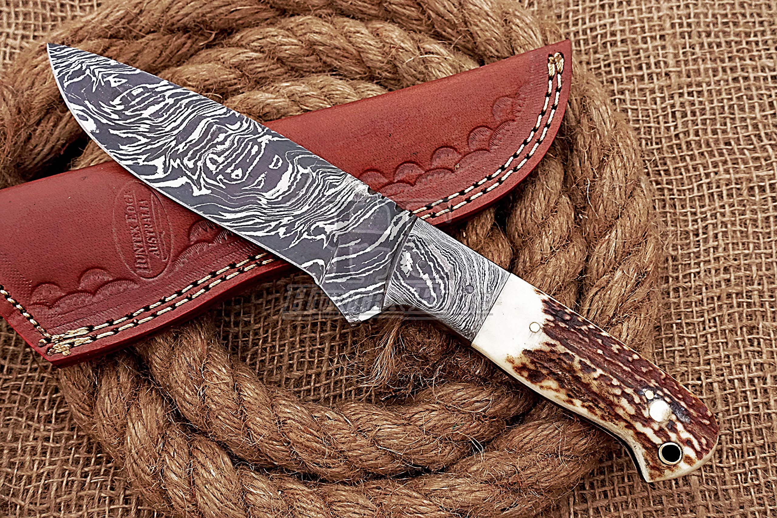 HUNTEX Unique Custom Handmade Hand-Forged Flame Pattern Damascus Steel 9 Inch Long Full Tang Deer Antler Handle Razor Sharp Hunting Camping Knife with Genuine Leather Sheath