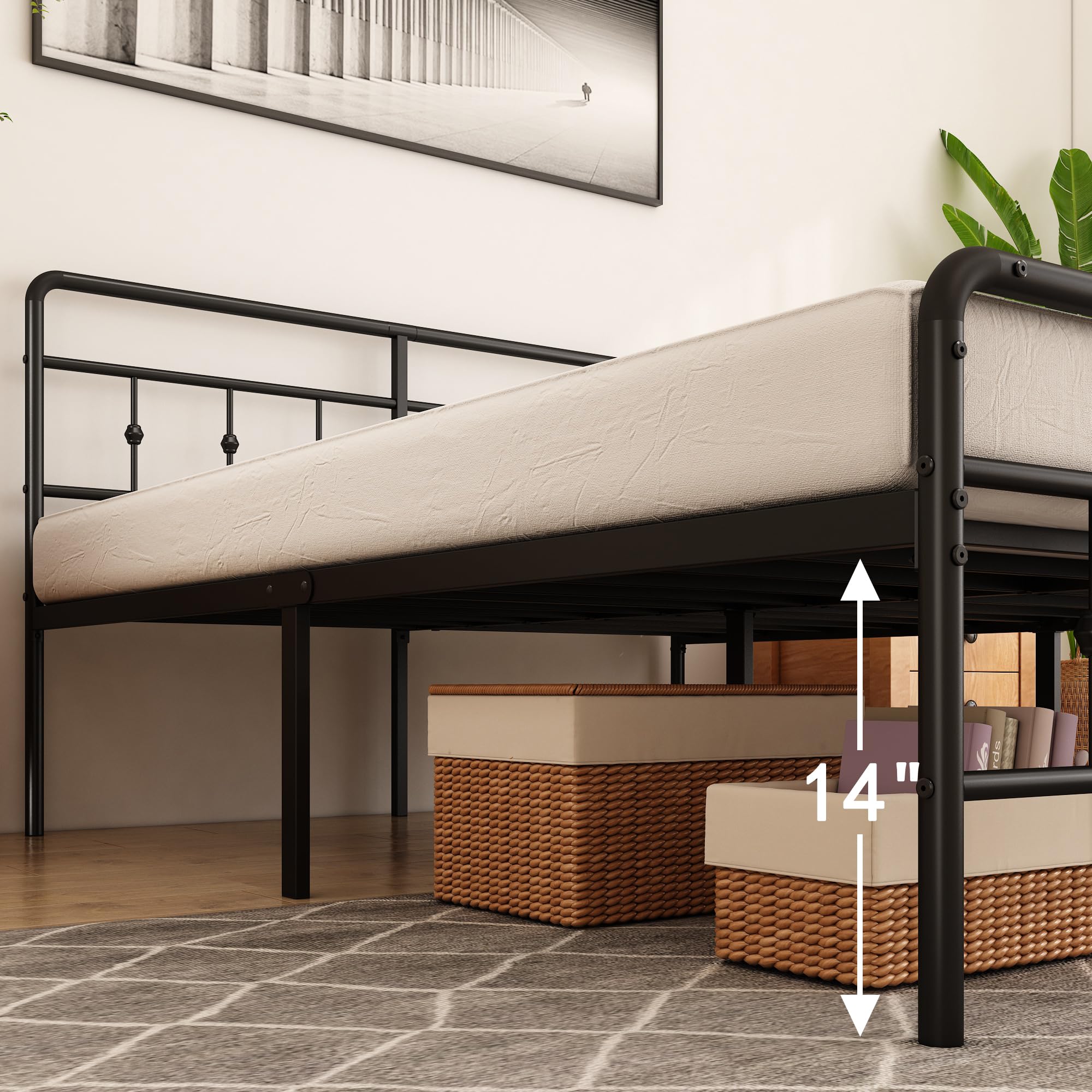 HOBINCHE Queen Size Metal Bed Frame with Headboard and Footboard, 14 Inch Black Heavy Duty Mattress Foundation with Steel Slat Support, No Box Spring Needed, Noise Free