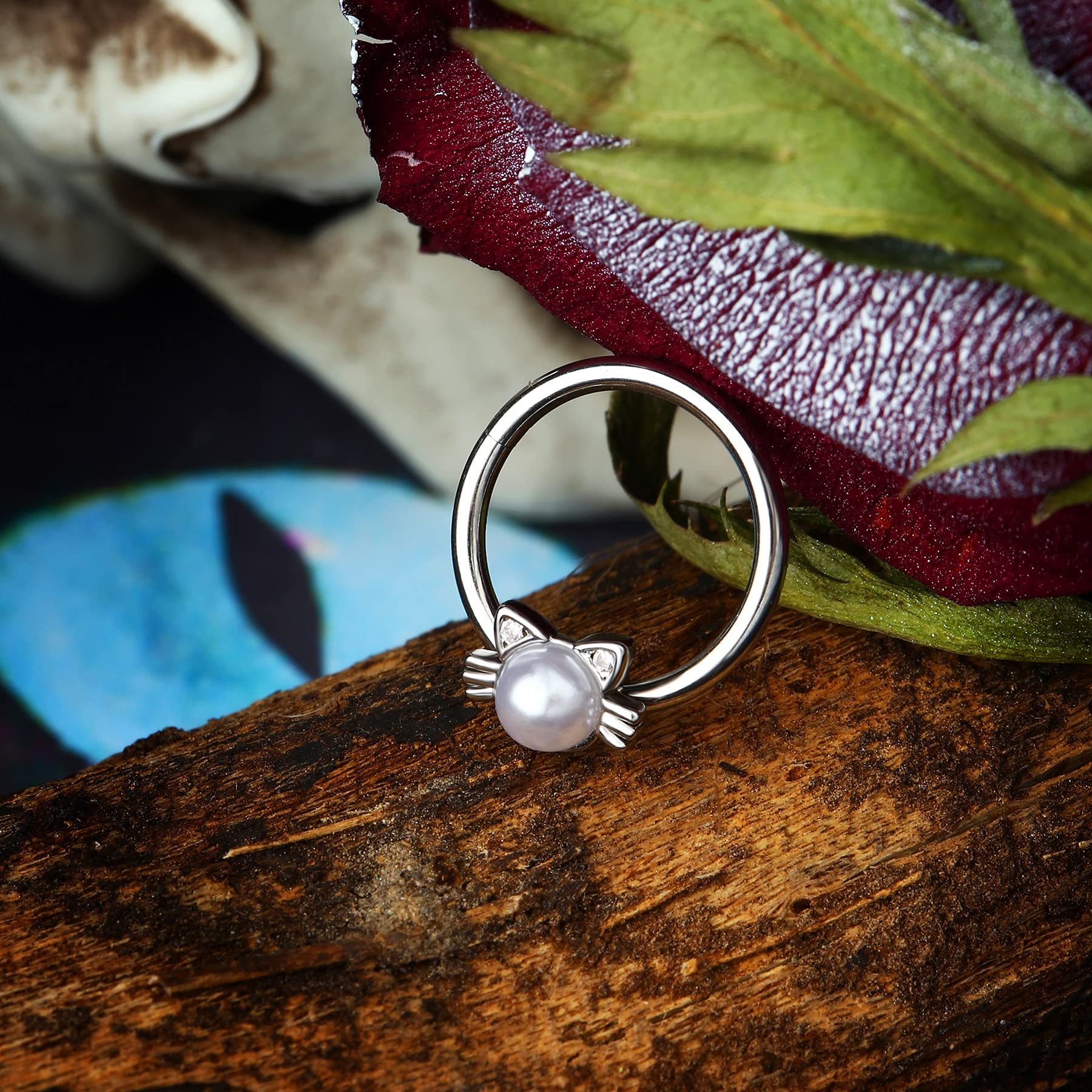 Jewseen Septum Ring 16G Hinged Segment Ring 316L Stainless Steel Helix Earring Cute Cat Pearl Daith Earring Tragus Nose Ring Hoop Piercing Jewelry