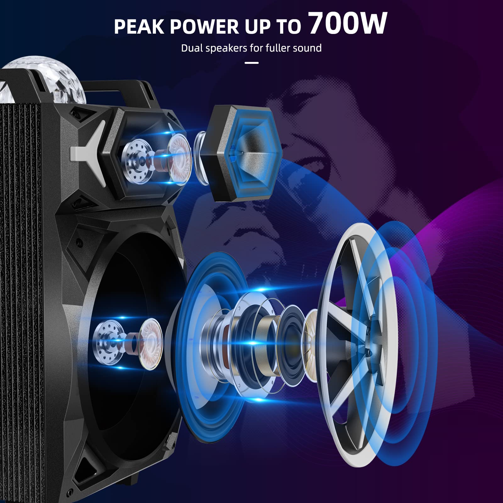 Karaoke Machine for Adults, 700W Peak Power Bluetooth 5.0 Karaoke System-PA Stereo with 10" Subwoofer, Multi-Function Speaker with 3 Microphones and 1 Stand,Panel Light Ring & Light Ball
