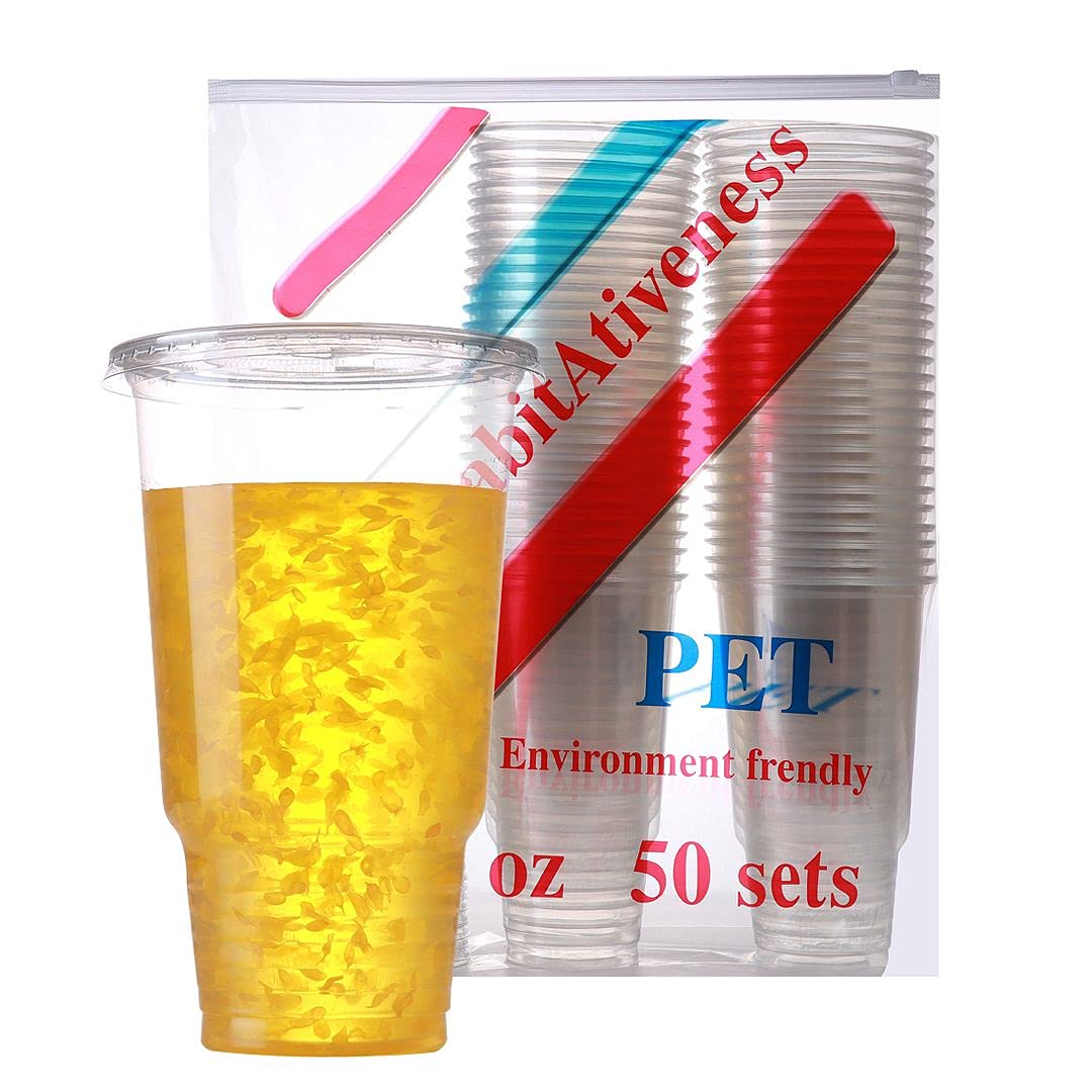 InhabitAtiveness,32 oz 50 sets clear Disposable Plastic Cups with Flat Lids Party Cup for Cold Drinks,Snack Cups,Iced Coffee Cups,Dessert Cups,Bubble Boba Cups,Tea cups,Smoothie Cups.