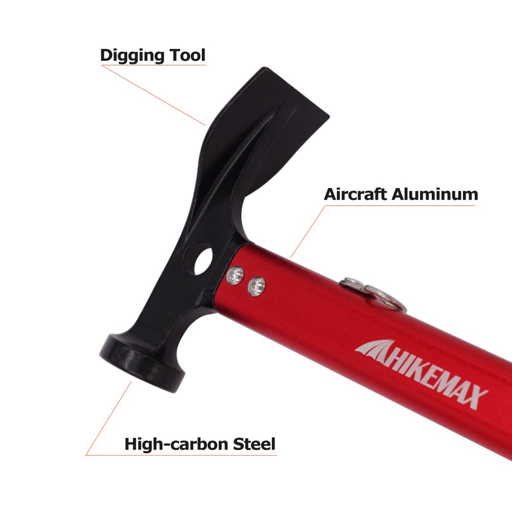 Hikemax Lightweight Outdoor Camping Hammer Aluminum Tent Hammer with Tent Stake Remover, 13-Ounce, Red