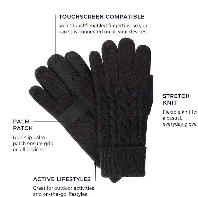 isotoner Womens Smartouch Solid Triple Cable Knit Palm With Patches Gloves, Chili, One Size US