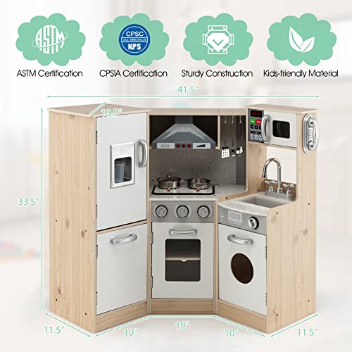 HONEY JOY Kids Wooden Kitchen Playset with Range Hood, Microwave, Sink, Utensils, Phone - With Lights & Sounds