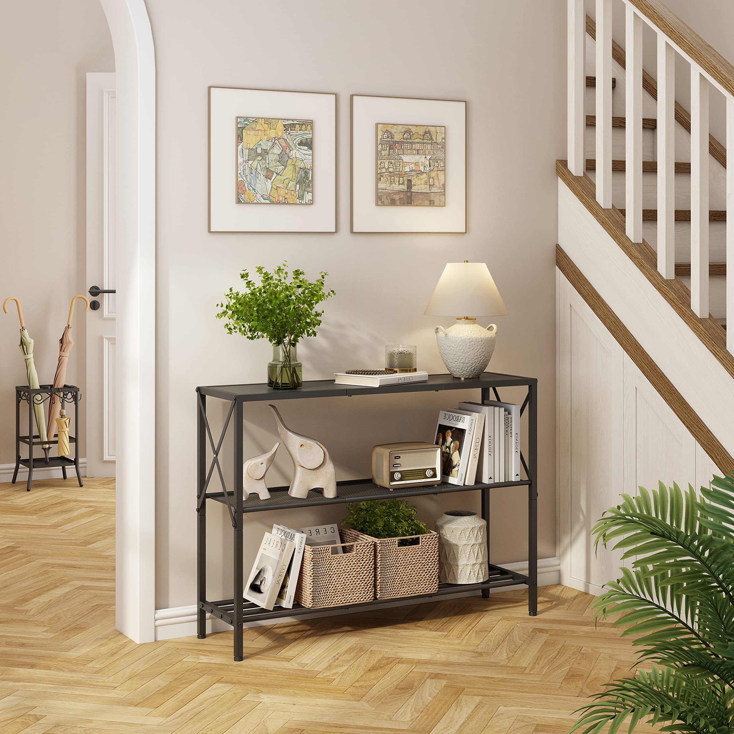 Hoctieon Gold Console Table, 3 Tier Entryway Table, Hallway Table, Narrow Sofa Table with Shelves, Entrance Table for Entryway, Gold and White