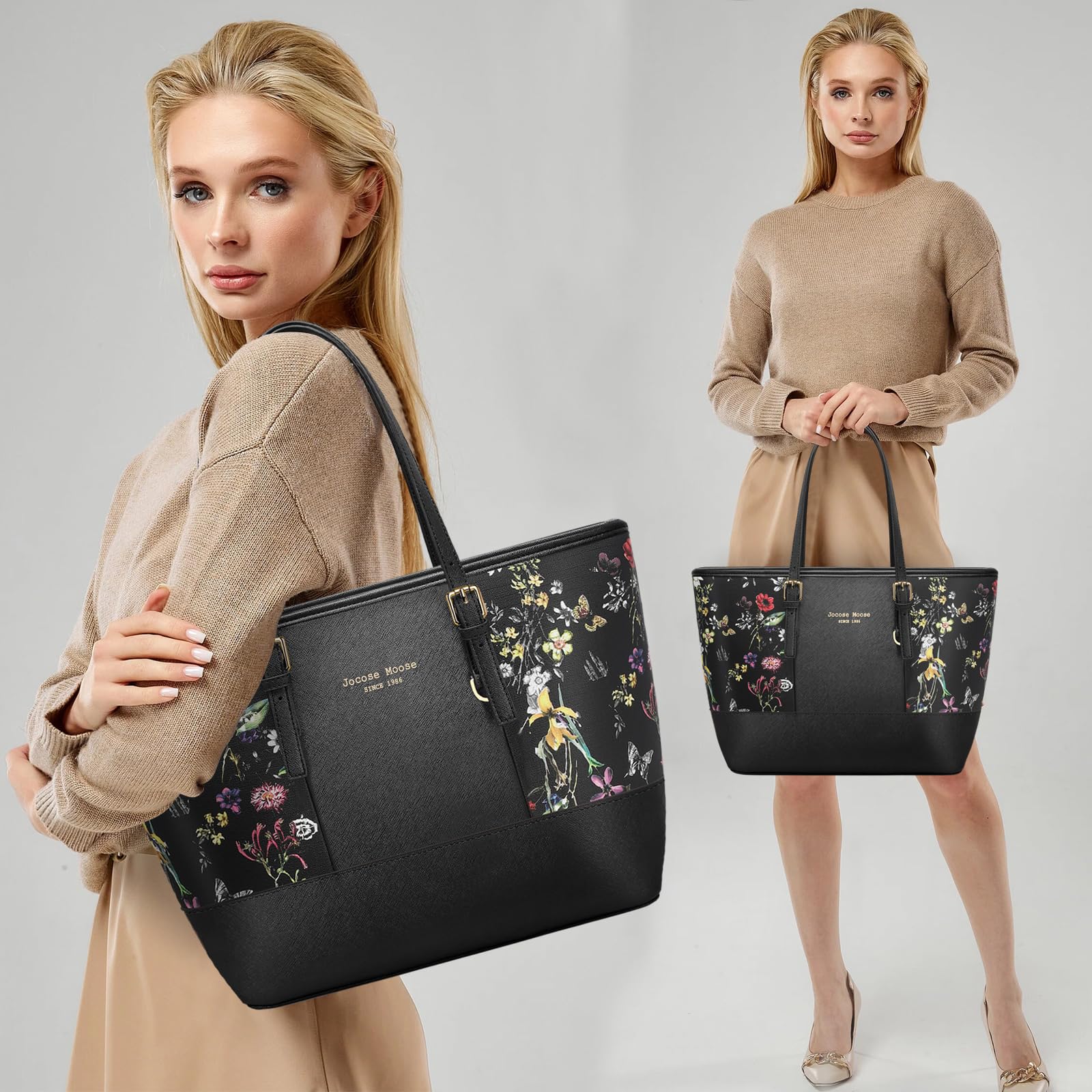 Jocose Moose Handbags for Women Wallet Tote Bag Shoulder Bag Top Handle Satchel Purse Set 3pcs (Black Print)