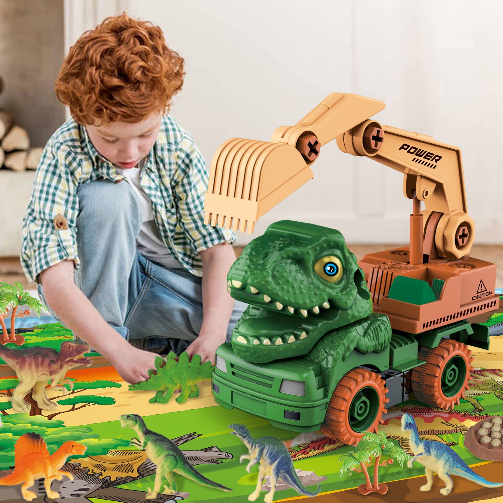 JUMEI Dinosaur Excavator Toy Playset,Friction Assemblely Excavator Toy with 6pcs Dinosaur,Screwdriver and Map,Construction Green
