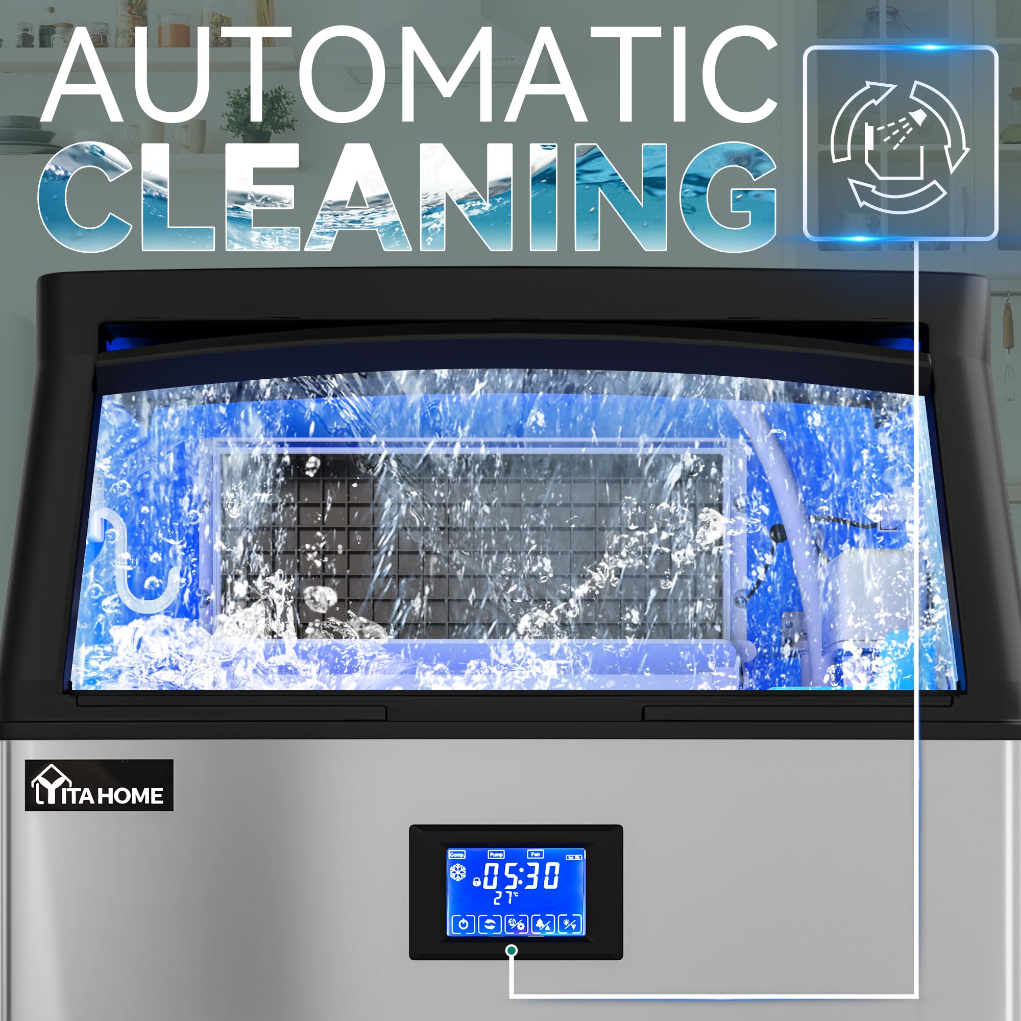 YITAHOME Upgraded Commercial Ice Maker Machine 350lbs/24h with 100lbs Storage Bin, Stainless Steel Ice Scoop, Blue Light, Freestanding Ice Machine for Home, Restaurants, Bars