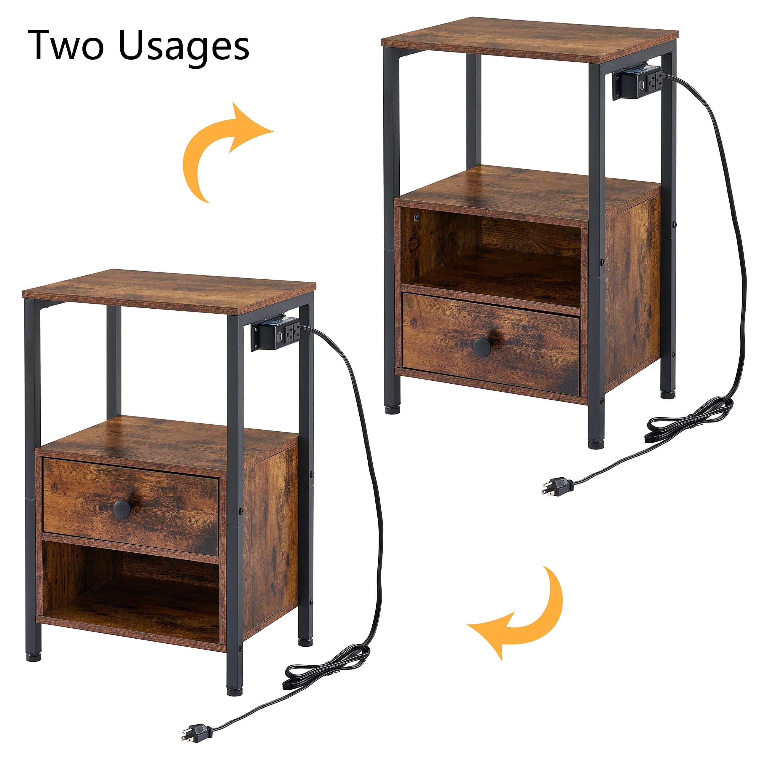 Hoctieon Nightstand with Charging Station, Night Stand with Drawers and Open Storage Shelf, End Table with USB Ports and Outlets, Bedside Table for Small Spaces, Rustic Brown