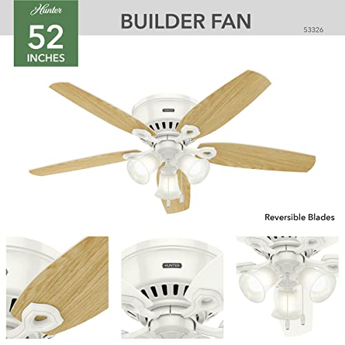 Hunter Fan Company Indoor 53326 52" Builder Low Profile Ceiling Fan with Light, Snow White Finish