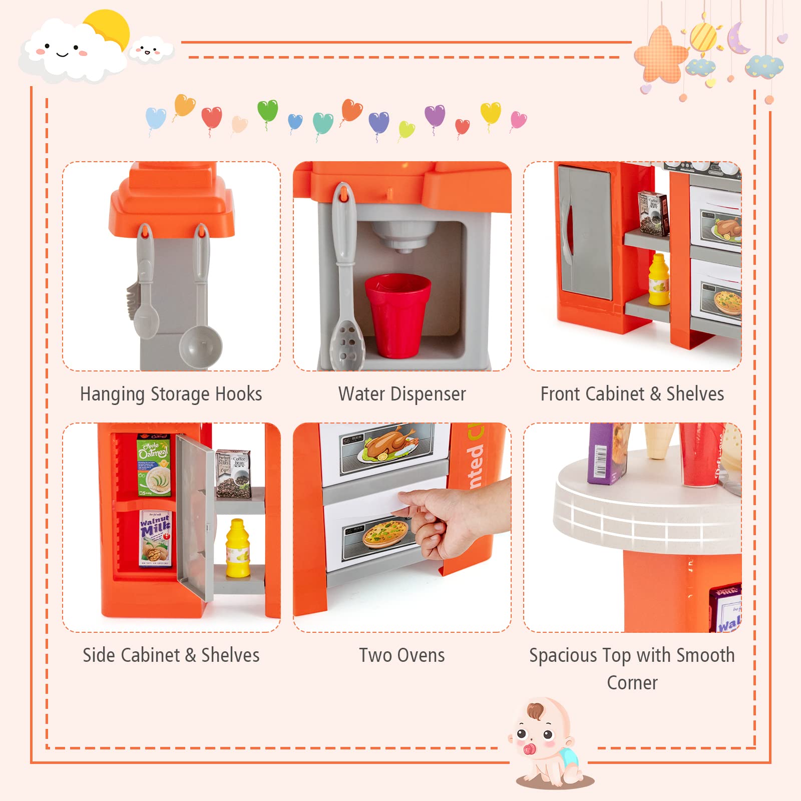 HONEY JOY Kids Kitchen Playset, Plastic Play Kitchen w/Realistic Lights & Sounds, Music, Running Water & Steam Function, 67 Pcs Cooking Accessories, Kitchen Set for Toddlers, Gift for Boys Girls