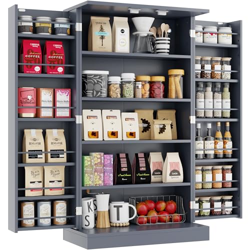 HOME BI Kitchen Pantry, Kitchen Storage Cabinet Cupboard with Doors and Adjustable Shelves for Dining Room Living Room, Grey