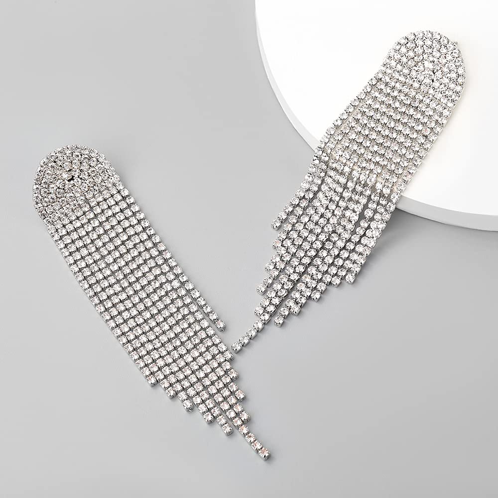 Jumwrit Rhinestone Tassel Earrings Bohemian Fringe Chandelier Earrings Long Rhinestone Earrings Statement Drop Earrings for Women(Silver)