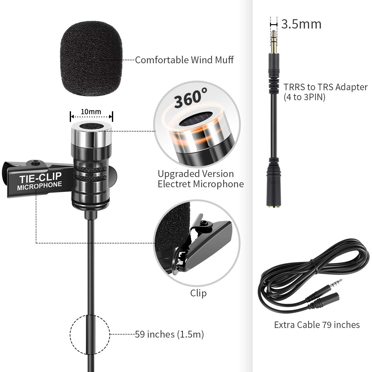 InnoGear Lapel Microphone with 6.5 Feet Extension Cable and 4 to 3 Pin Adapter 3.5mm Clip-on Omnidirectional Lavalier Mic for iPhone Android Smartphone