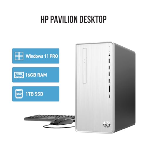 HP Pavilion Desktop, AMD Ryzen 5 5600G, 16GB RAM, 1TB HDD, 512GB SSD, Windows 11 Pro, HDMI, Wi-Fi 5, Bluetooth, USB C, SD Card Reader, Natural Silver, PCM