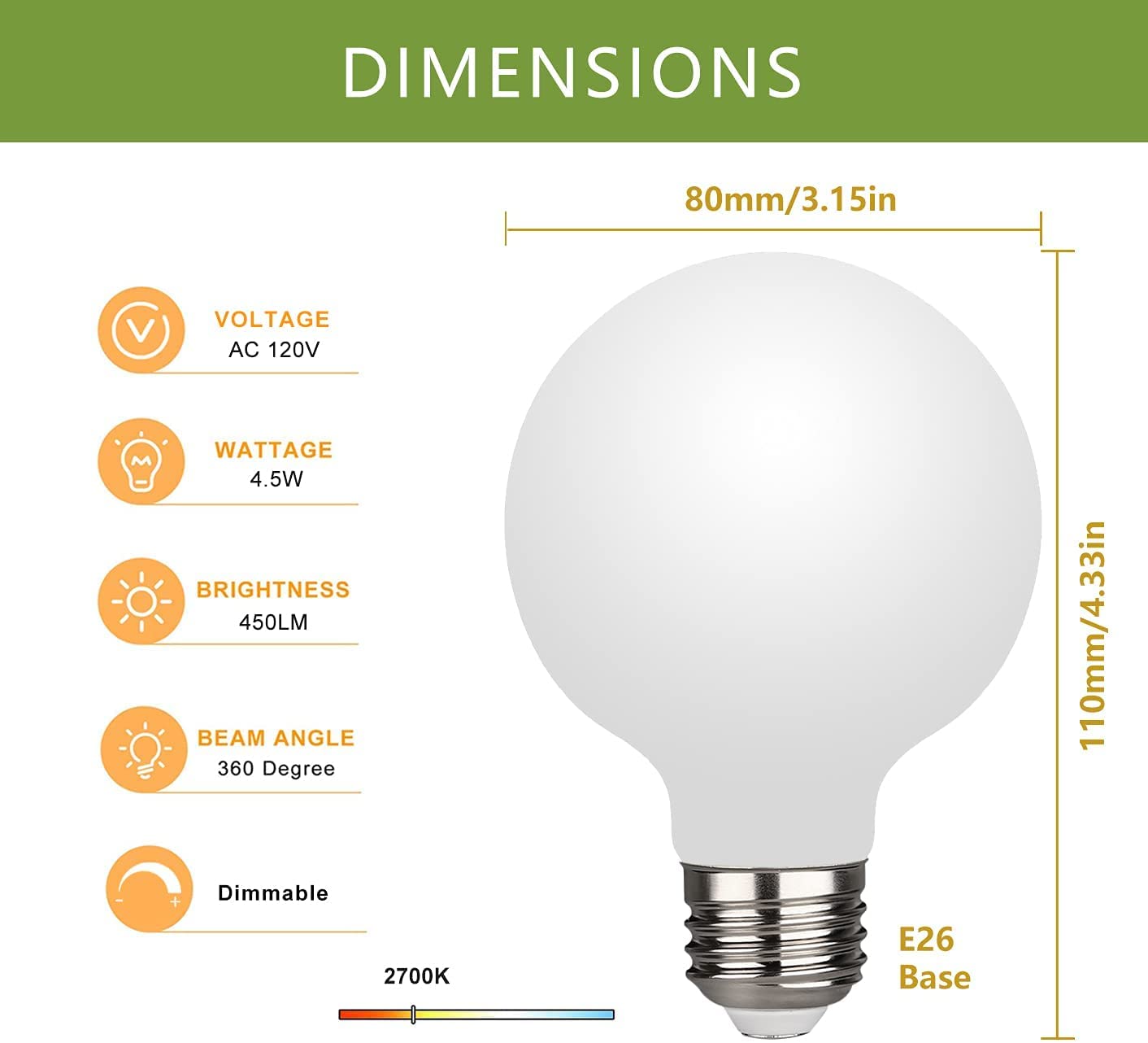 KGC LED Edison Globe Light Bulbs, Warm White 2700K CRI 90, LED Filament Light Bulb, 5W Equivalent to 40W, G25(G80) Dimmable LED Bulbs, Milky Glass, Bathroom Vanity Mirror, Pack of 6
