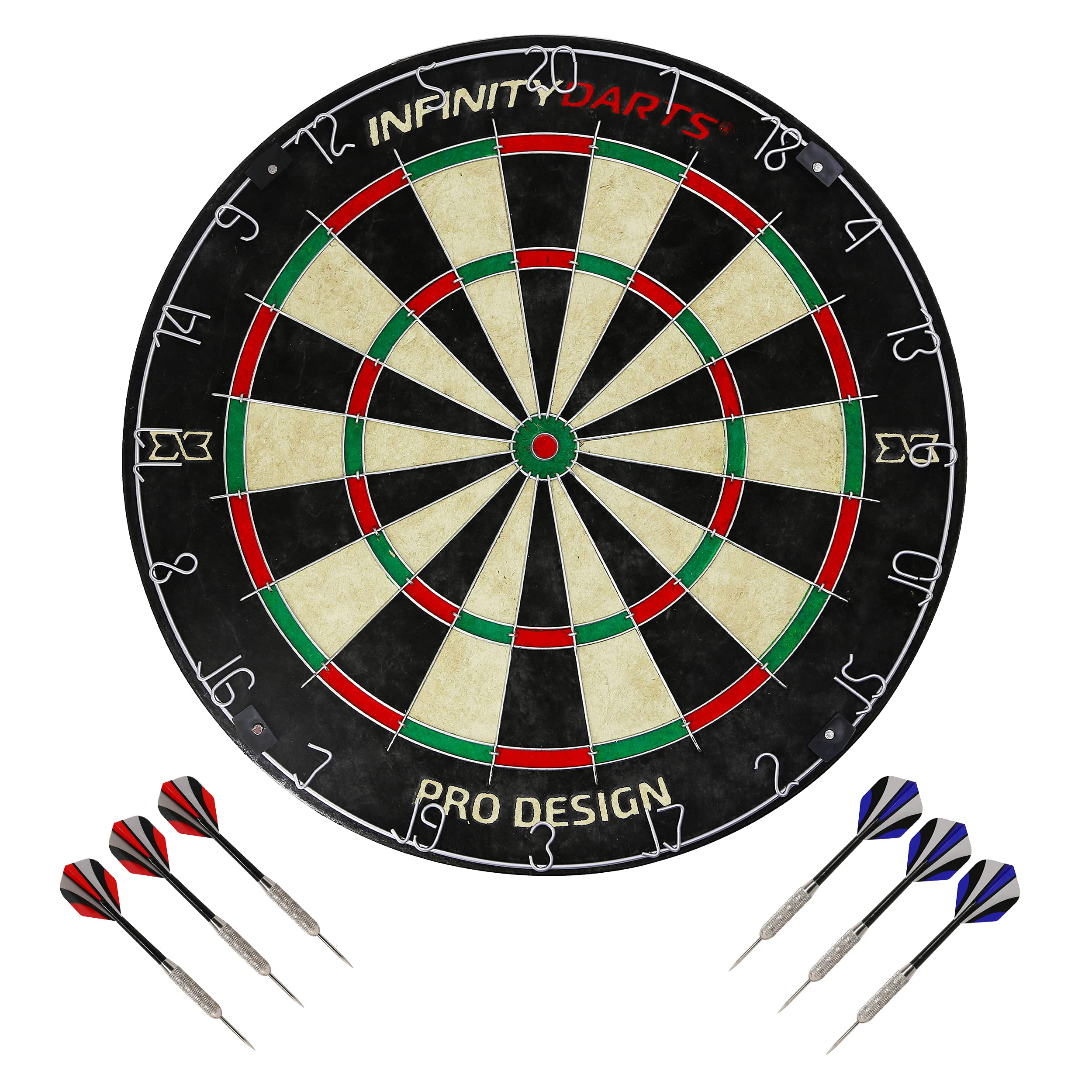 Infinity Darts Bristle Dartboard Set - Includes 6 Metal Tip Darts Set, Self-Healing Sisal Fiber Dart Board, Rotating Steel Wire Scoring Ring, Staple Free Bullseye, for Home Game Room or Bar Darts