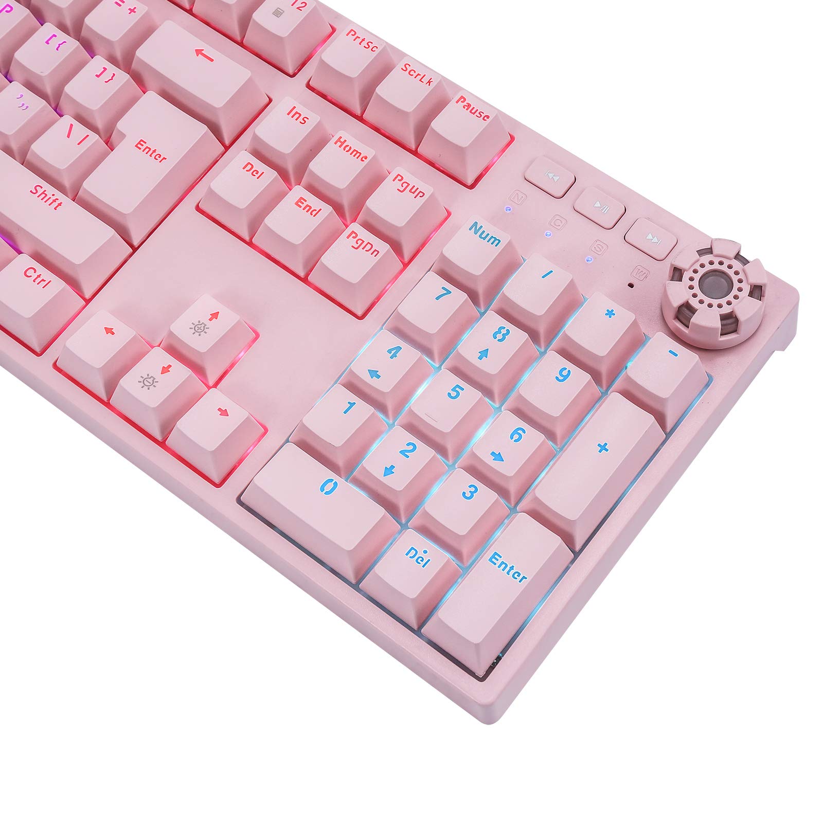 HUO JI Pink Mechanical Gaming Keyboard, USB Wired with Rainbow LED Backlit, Brown Switches, Multimedia Keys,108 Keys No Conflict