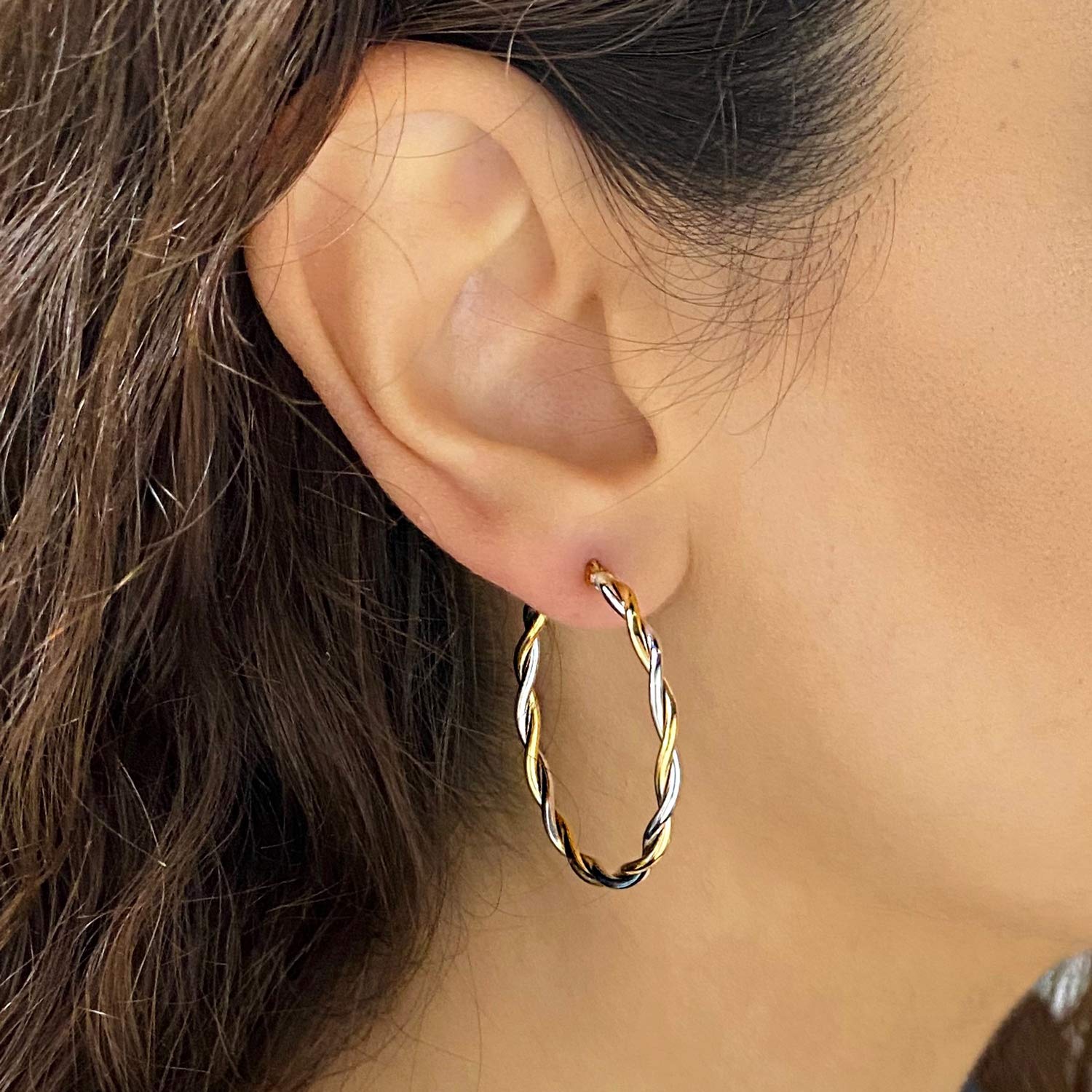 Italian 14k Yellow & White Gold Polished Twisted Large Hollow Hoop Earrings 1.5"