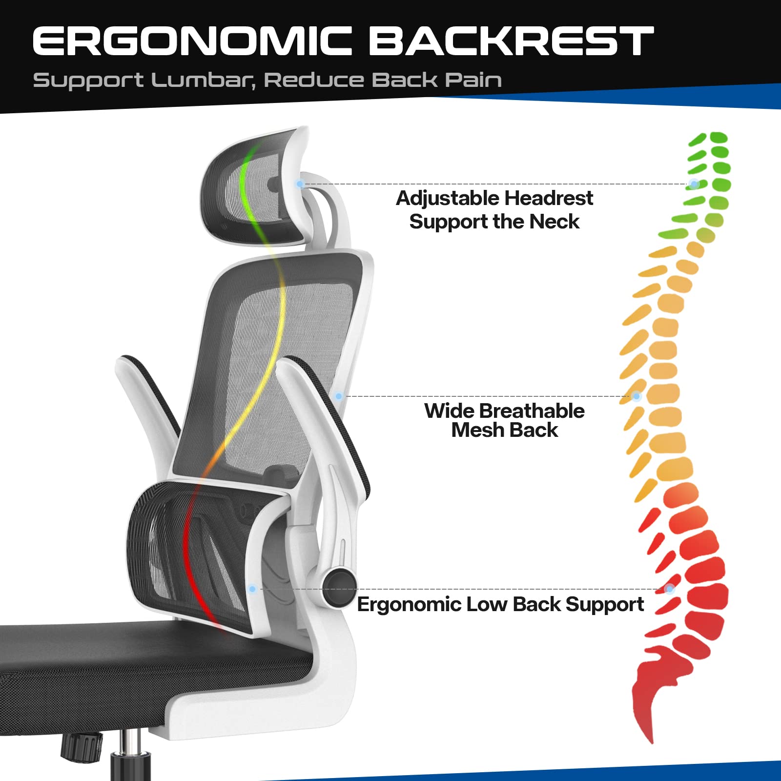 Home Office Desk Chairs Ergonomic Chair with Lumbar Support Flip Up Arms Mesh Computer Chair with Comfortable Wide Seat Adjustable Headrest (White)