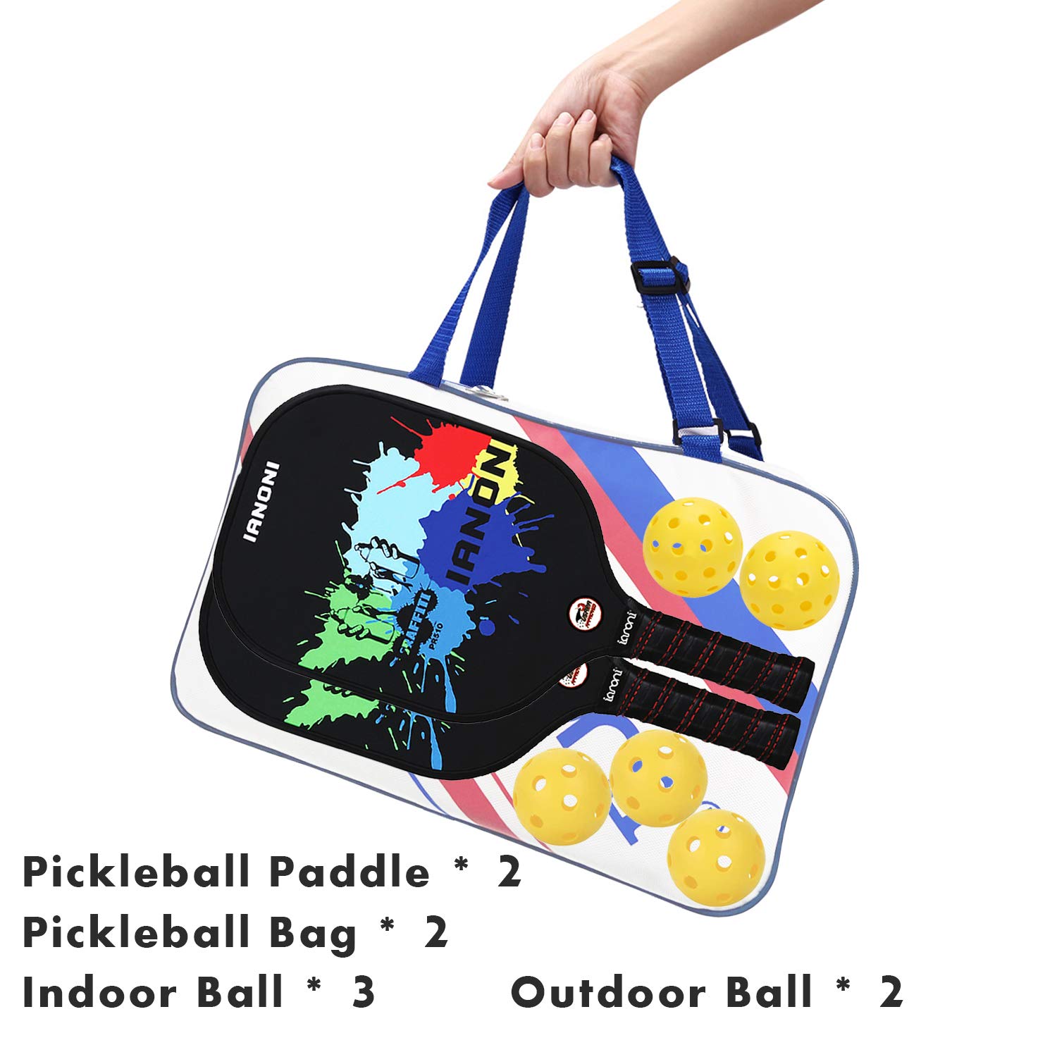 ianoni Pickleball Paddle Set - 2 Premium Lightweight Graphite Rackets Honeycomb Composite Core,Includes 4 Balls, Portable Racquet Cover Case Bag,Ultra Cushion Grip, USAPA Approved