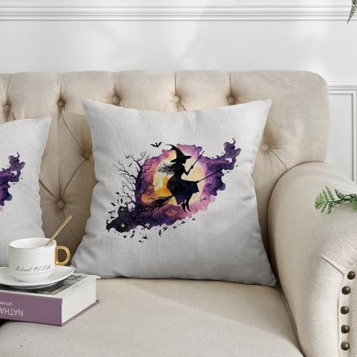 Halloween Moon Pillow Covers Moon Pumpkin Ghost Cute Soft Linen Pillow Covers Washable Couch Decorative Pack of 2 Living Room Bedroom Dorm,White,18x18 Inch