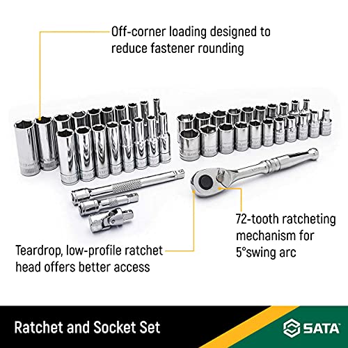 SATA 43-Piece 1/4-Inch Drive SAE and Metric Socket Set, Standard and Deep Sizes, with Ratchet and Other Accessories - ST09007U