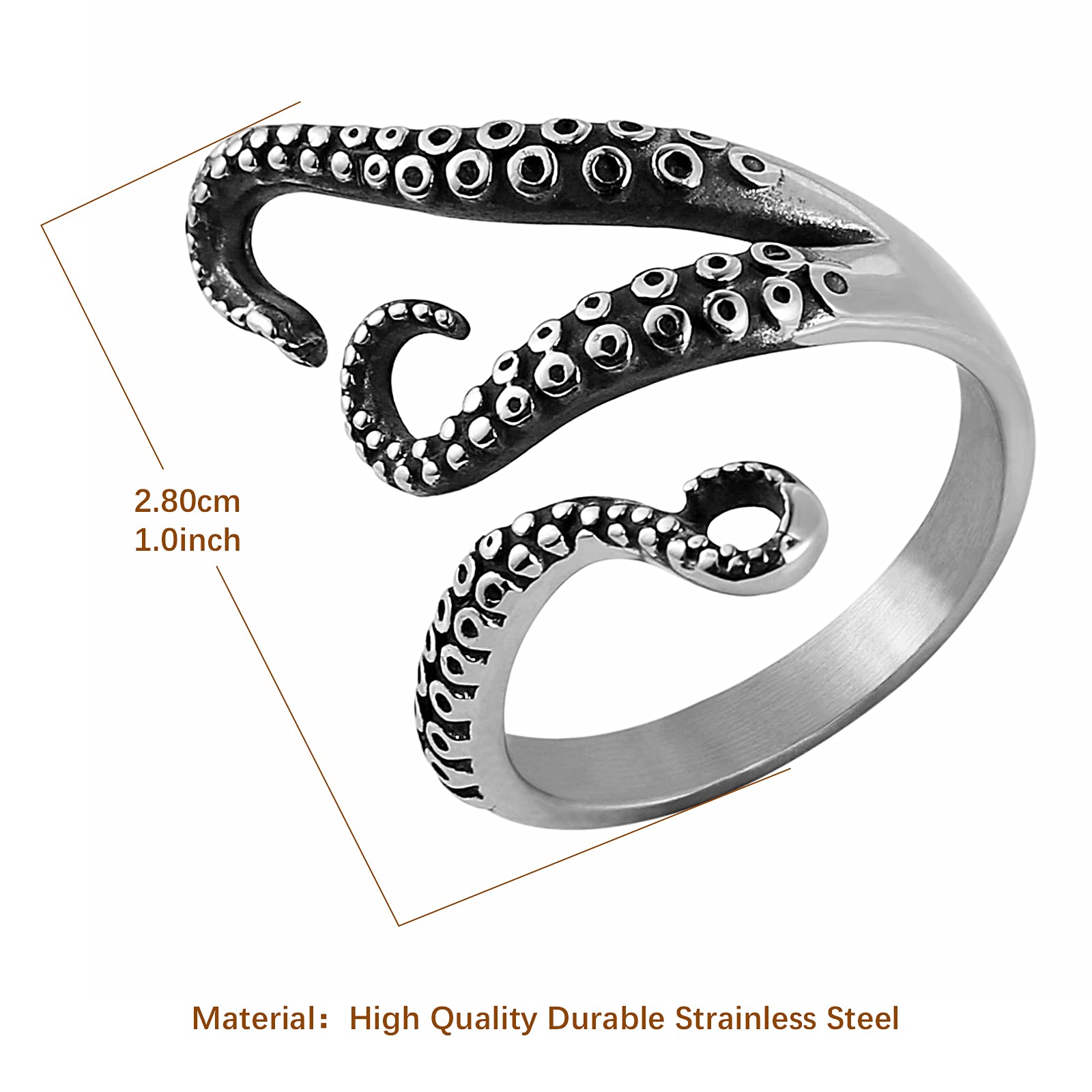 HZMAN 316L Stainless Steel Punk Antique Octopus Pirate Ring for Mens Women The Size Can Be Adjusted In Small Increments Size(Silver,8