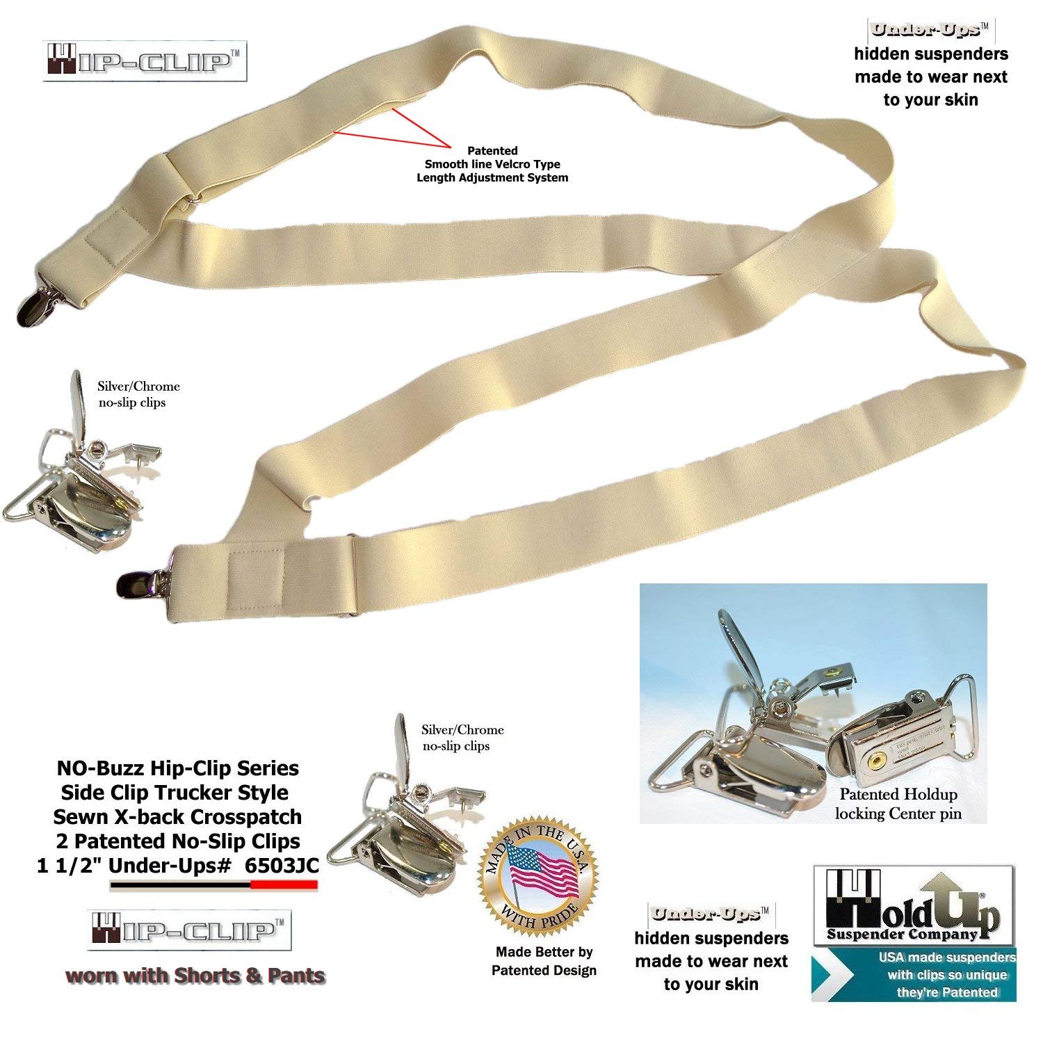 Holdup Hip-Clip Style Under-Ups Tan 1 1/2" Suspenders for Men with the USA Patented Metal "No-Slip" Clip