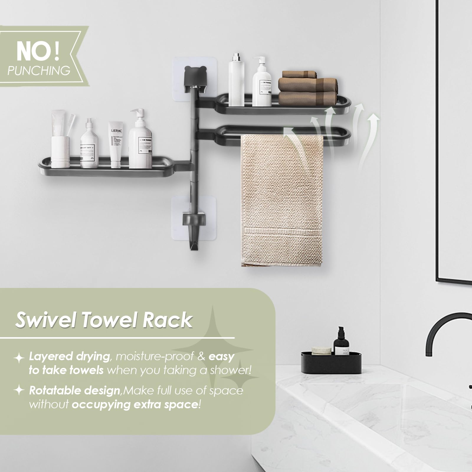 Pysrych No Drill Swivel Towel Rack Wall Mounted 3-Arm Towel Bar ABS Self-adhesive Towel Holder with Hook for Bathroom Shower Kitchen Black