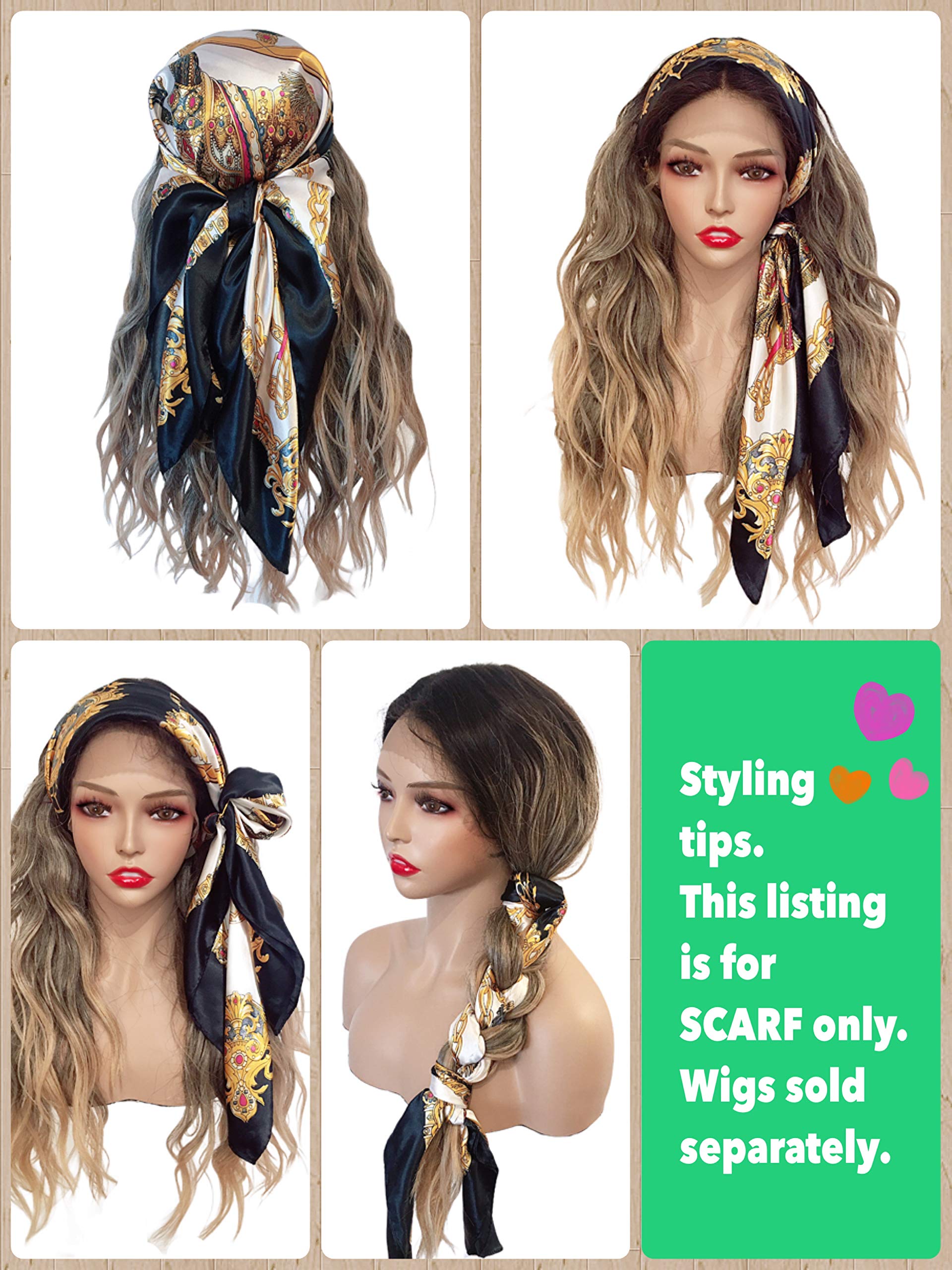 JOE GREEN CO Large Silk Like Satin Scarf Neck Head Wrap 35 Inch Square (01 Black Saddle Chain)