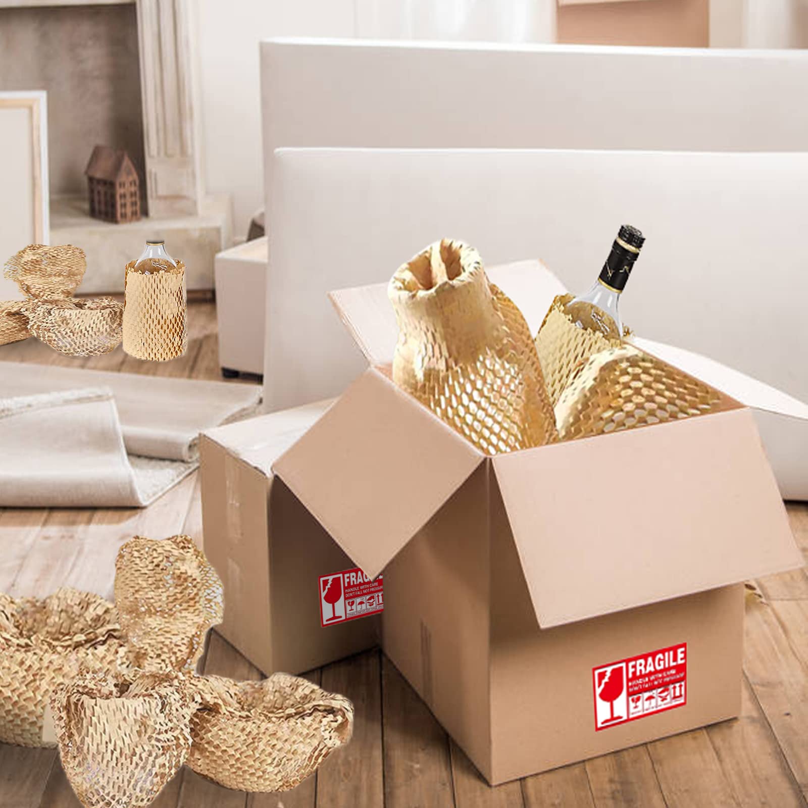 Honeycomb Packing Paper,Honeycomb Cushioning Wrap Roll for Moving Breakables or Shipping,Recyclable Honeycomb Bubble Paper Roll ,Eco Friendly Kraft Paper Packaging Roll with 20 Fragile Labels