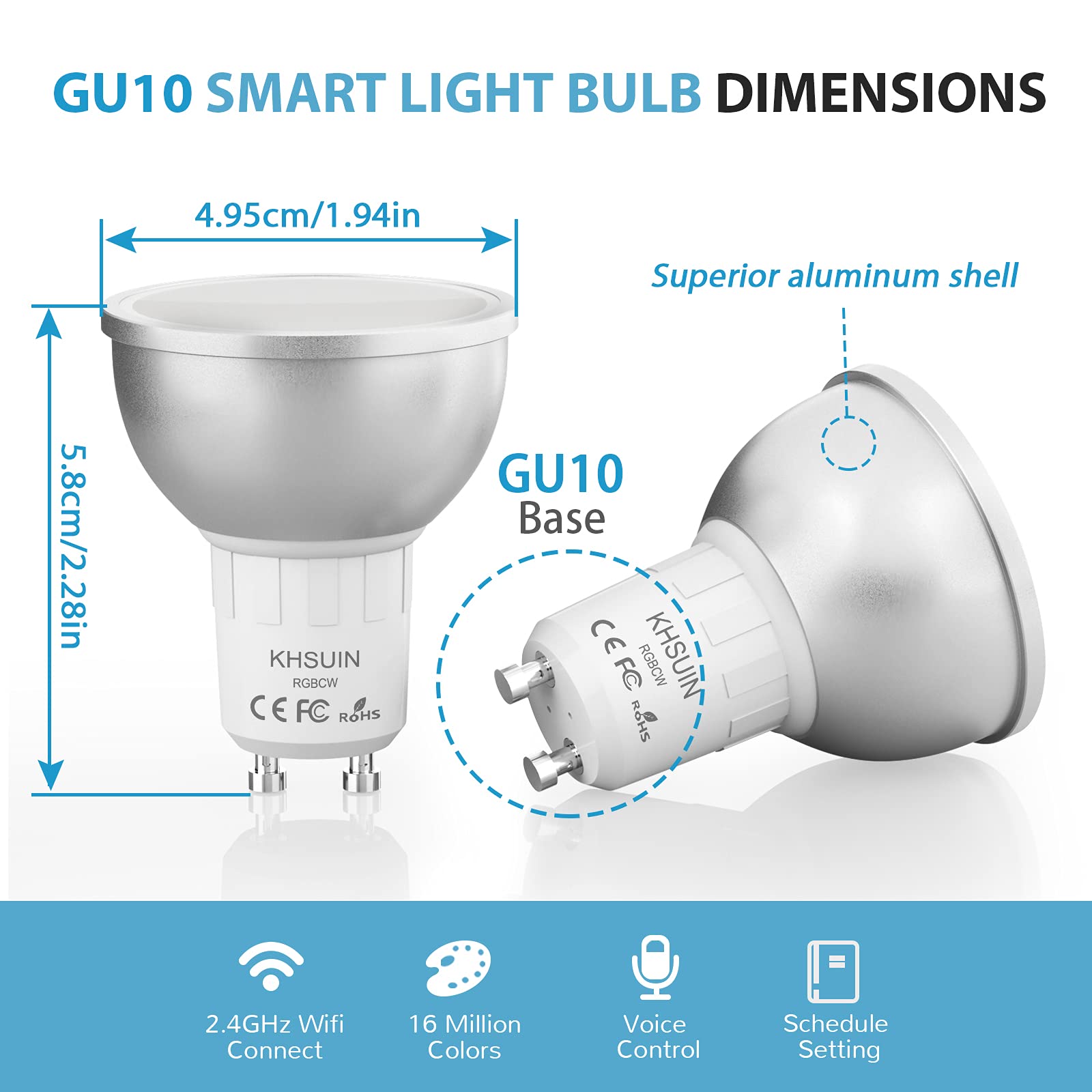 KHSUIN GU10 Led Smart Bulb,3000K-6000K Dimmable 5W(50W Equivalent) MR16 Led Bulb for Track&Recessed Lighting,Color Changing Light Bulb Compatible with Alexa,Google