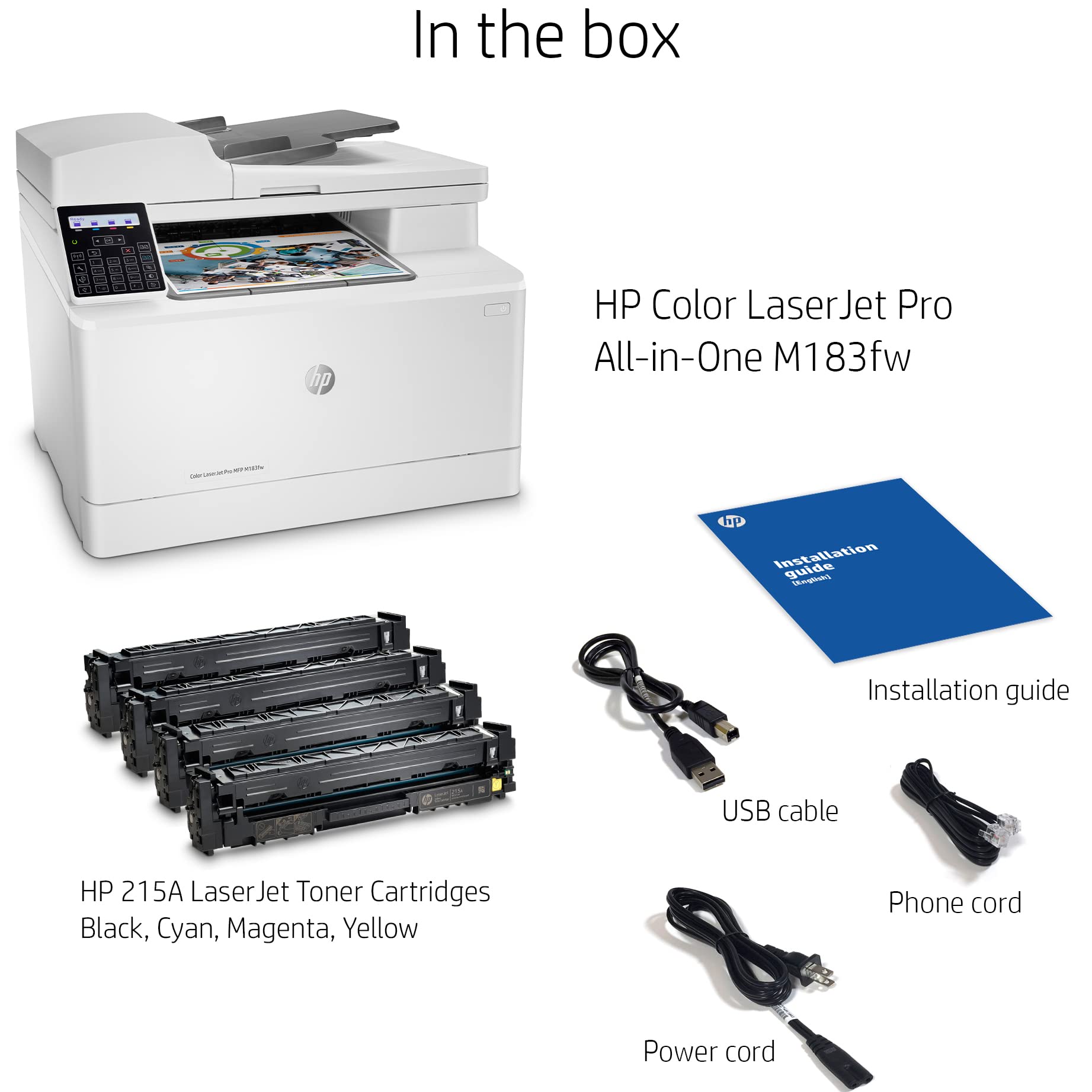 HP Laserjet Pro M183fw Wireless Color All-in-One Laser Printer, White - Print Scan Copy Fax - 16 ppm, 600 dpi, Voice-Activated, 35-Page ADF, Ethernet, Tillsiy Printer Cable