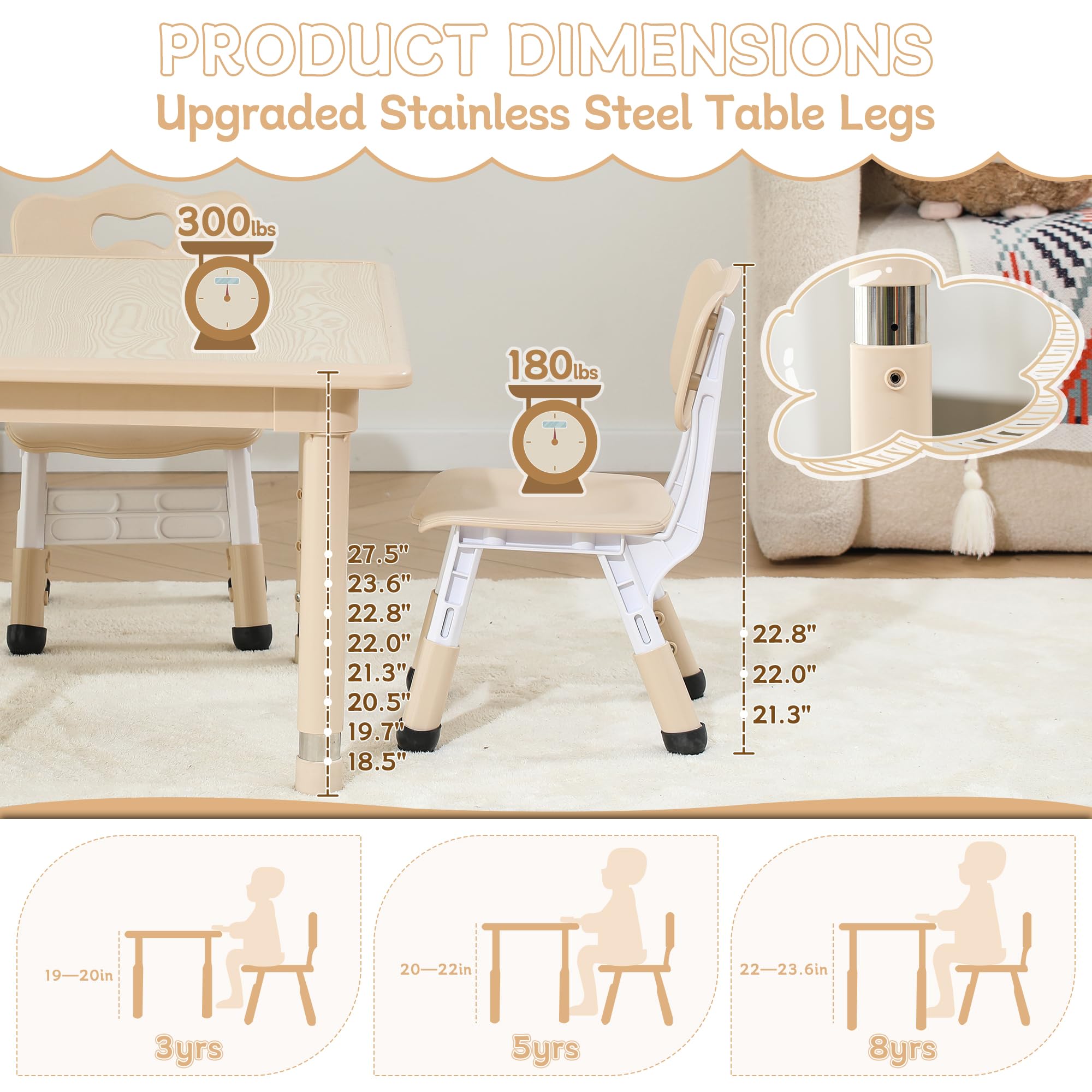 SINKIPA Todder Table and Chairs, 31.5''L x 23.6''W Sturdy kids Activity table with Stainless Steel Legs, Kids Table and 2 Chairs with Anti-Slip Foot Covers, Graffiti Desktop