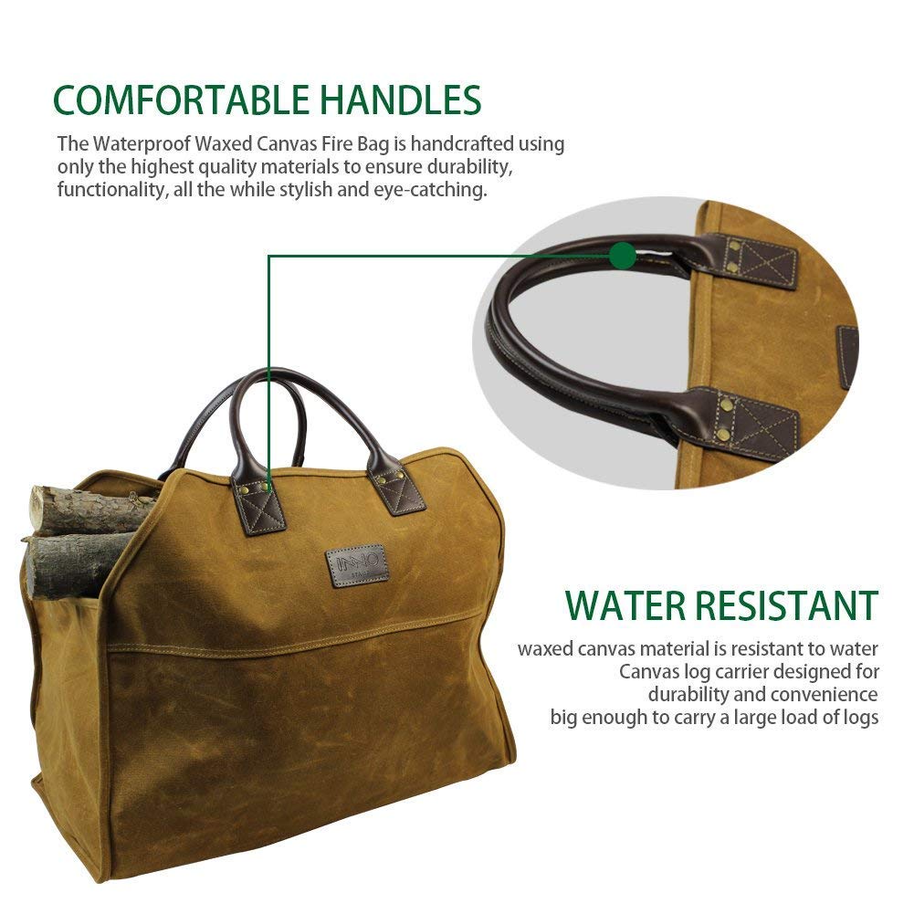 INNO STAGE Firewood Log Carrier Bag Waxed Canvas Tote Holder with Fireplace Pure Leather Gloves Set for Camping, BBQ Barbecue- Green Bag