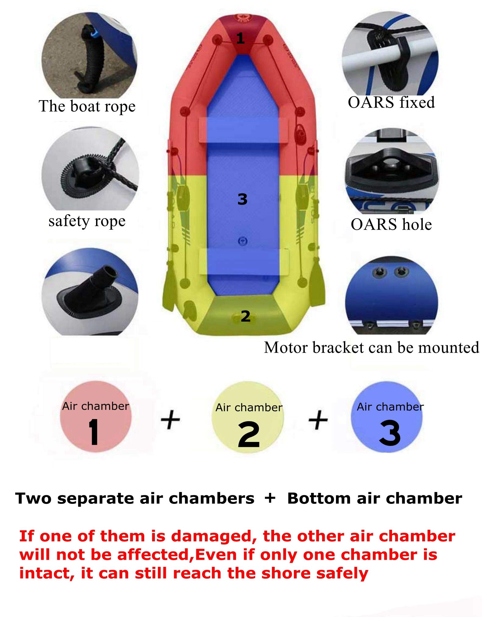 Inflatable Boat Set 2-3 Person Thickened Fishing Boat Hard Inner Bottom Floor Boat with 3 Separate Air Chambers