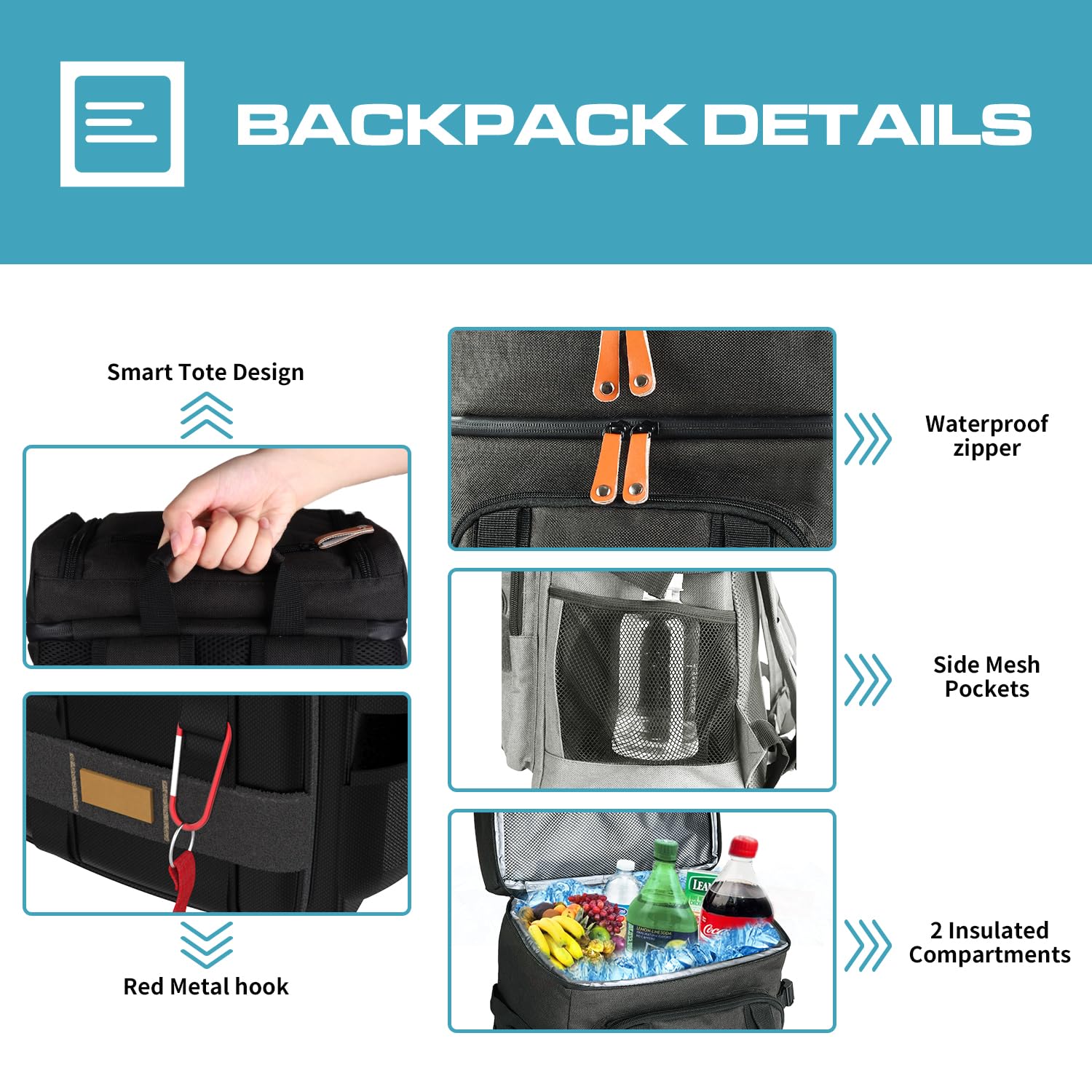 HOIHOO Large Capacity Insulated Beach Cooler Backpack, 330ml, Black, Nylon