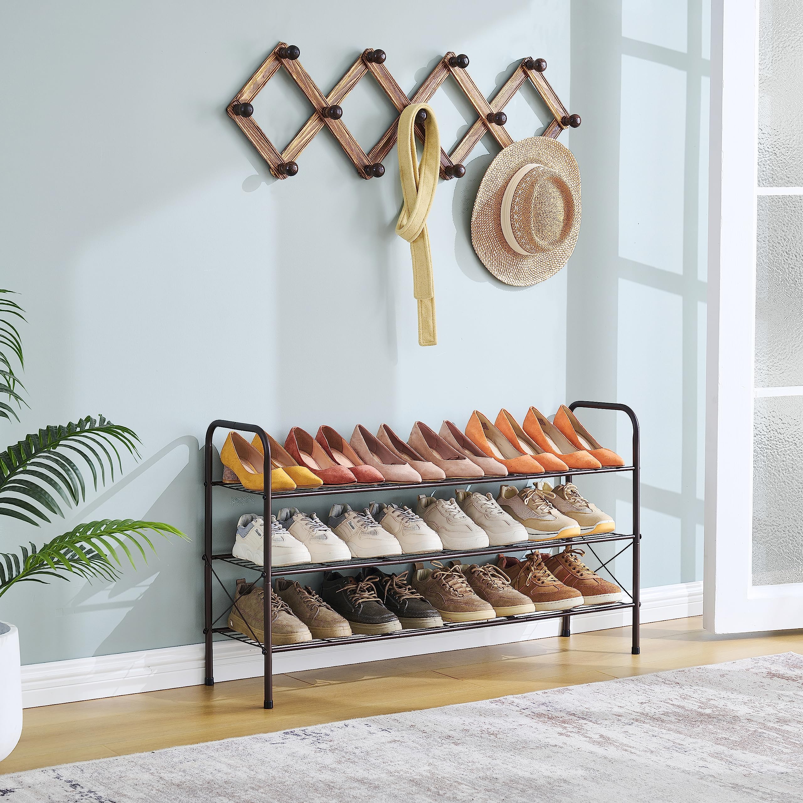 Hoctieon 3 Tier Durable Mesh Style Shoe Rack, Entryway Shoe Shelf, Shoe Rack FreeStanding, Shoe Storage Organizer, Shoe Rack for Closet, Brown