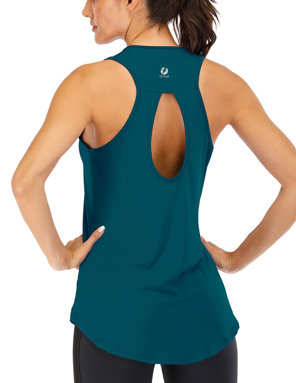 ICTIVE Women's Yoga Tank Top - Loose Fit, Open Back, Sleeveless, Racerback, Gym Workout & Running (Dark Green, L)