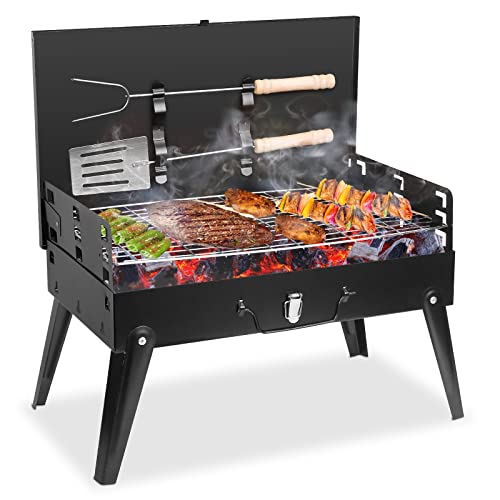TeqHome Portable Charcoal Grill, Small BBQ Grill Outdoor Folding Barbecue Grill, Foldable Camping Grill with Barbecue Accessories & Lid for Outdoor Cooking Camp Picnic Hiking Beach Party Patio Smokers