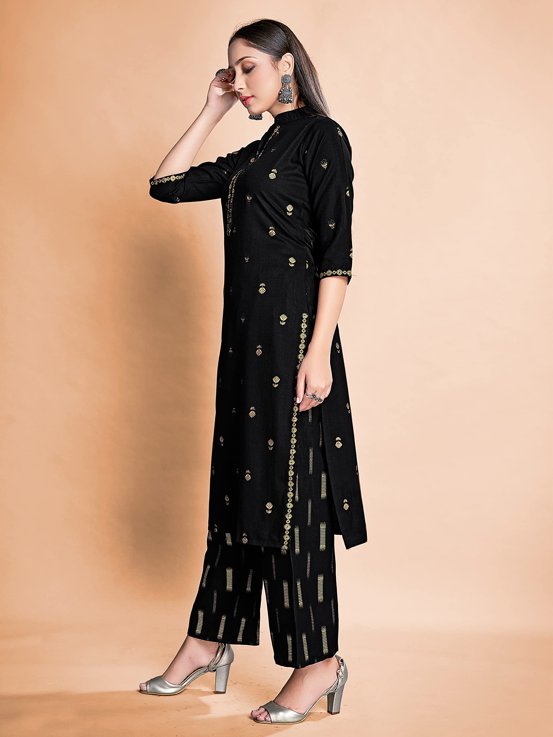 Indian Kurti for Womens With Pant | Rayon Foil Printed Dress Kurtis Kurta For Women Tops Black