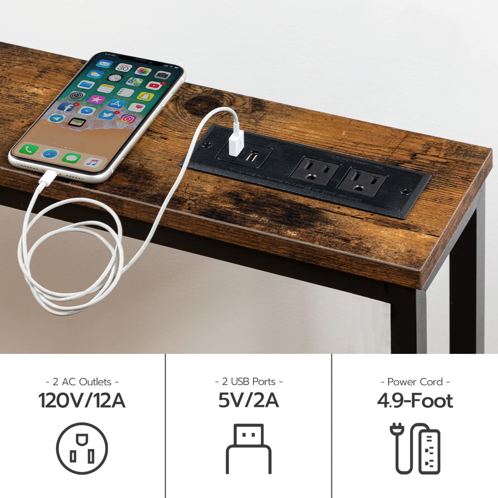 HOOBRO 2 Pack 39.4" Console Table with Power Outlets and USB Ports, Narrow Entryway Table with Charging Station, Behind Couch Table, Hallway, Living Room, Bedroom, Rustic Brown and Black BF51UXGP201