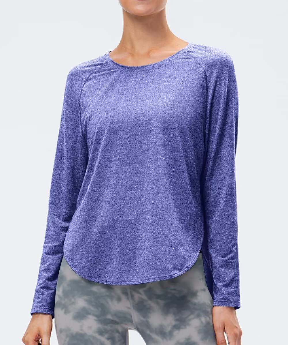 LEEDYA Womens Long Sleeve Crewneck Yoga Shirt Basic Athletic Workout Tops Side Slit Sports Gym Shirts Purple XL