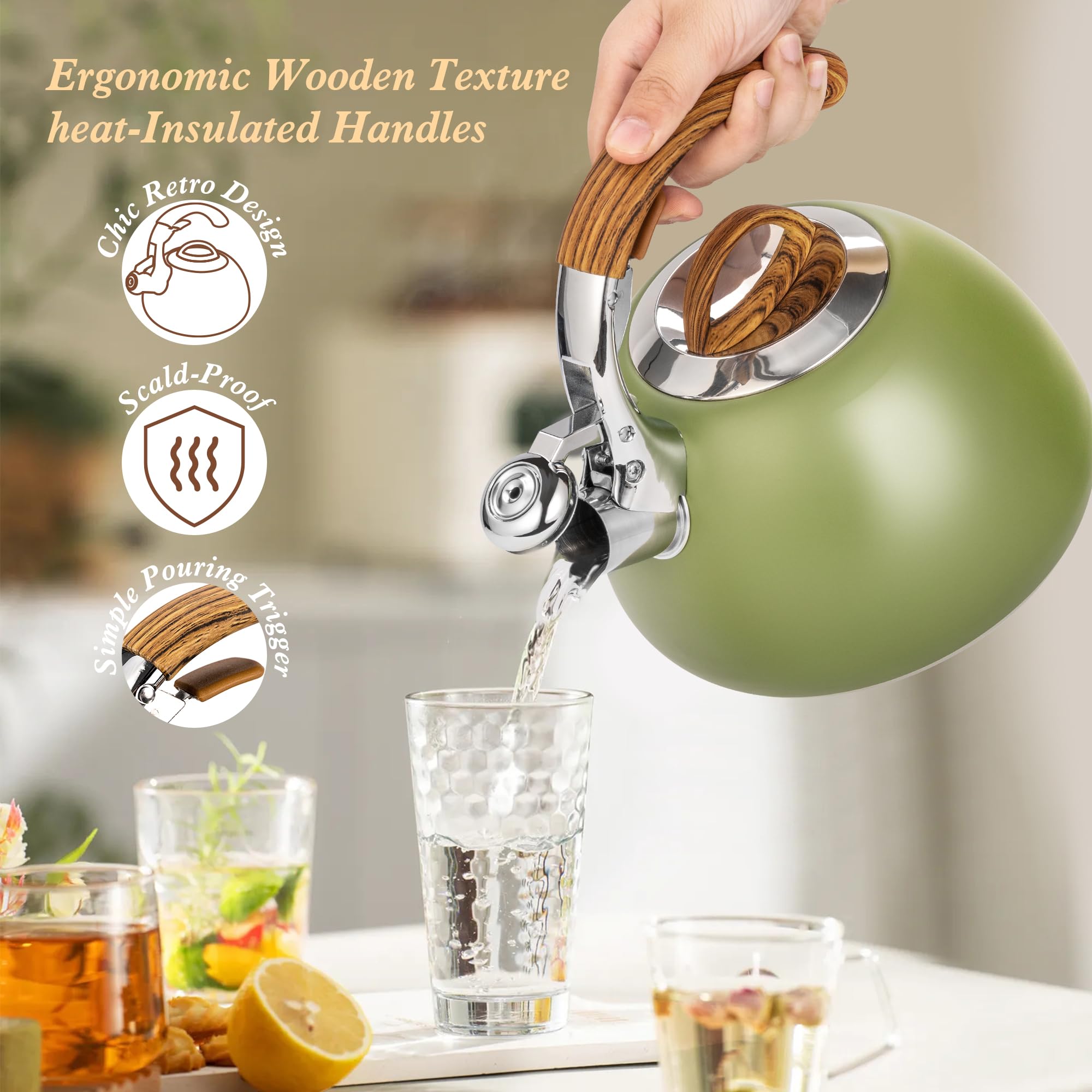 suyika Stove Top Whistling Tea Kettle Food Grade Stainless Steel Teapot with Wood Pattern Handle 3 Quart Green
